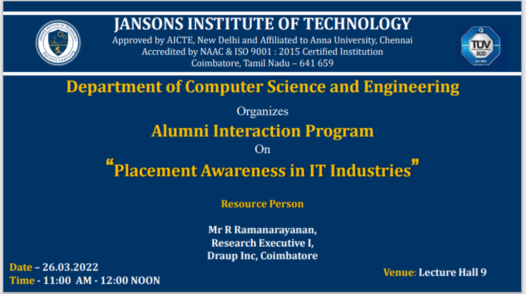 Alumnus Interaction – “Placement Awareness in IT Industries” - Jansons Institute of Technology