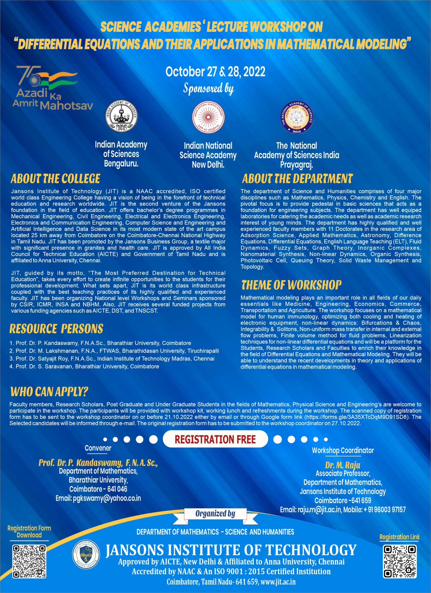 Science Academies Lecture Workshop On Differential Equations And Their Applications In