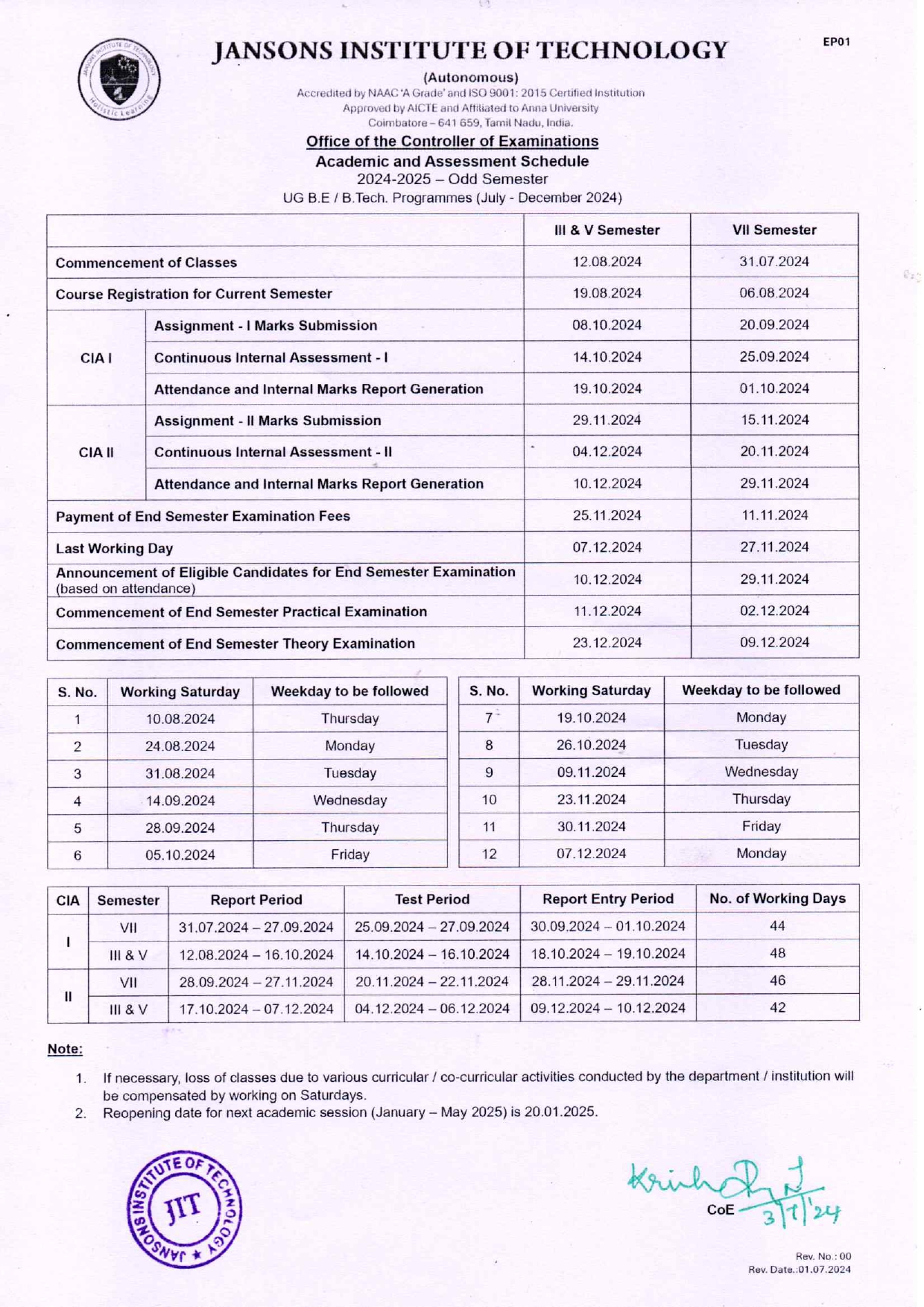 Academic & Assessment Schedule - Jansons Institute of Technology